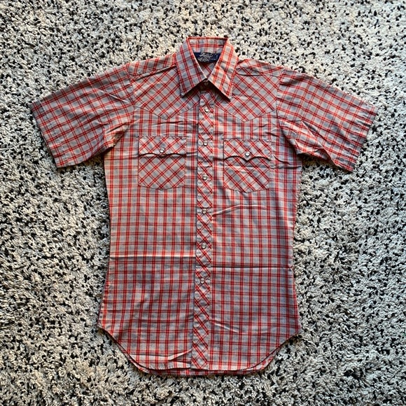 Lariat | Shirts | Vintage Lariat Western Shirt Red Blue Tan Plaid Pearl ...